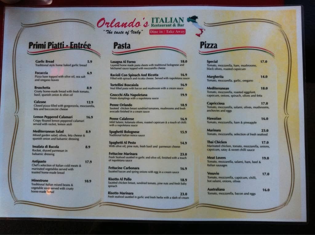 Orlando's Italian Restaurant Menu - Urbanspoon/Zomato