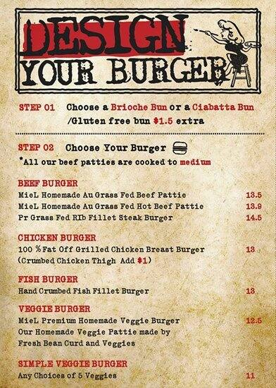 Menu at Miel Container fast food, Brisbane City, 96 Mary St