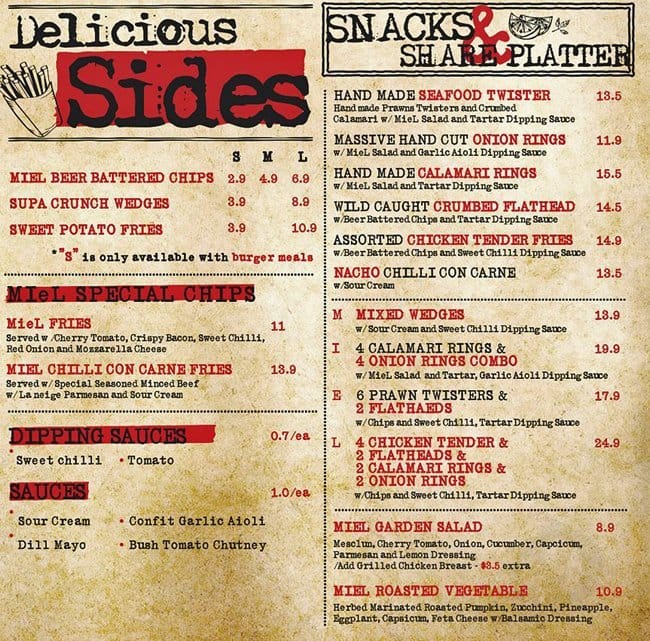 Menu at Miel Container fast food, Brisbane City, 96 Mary St