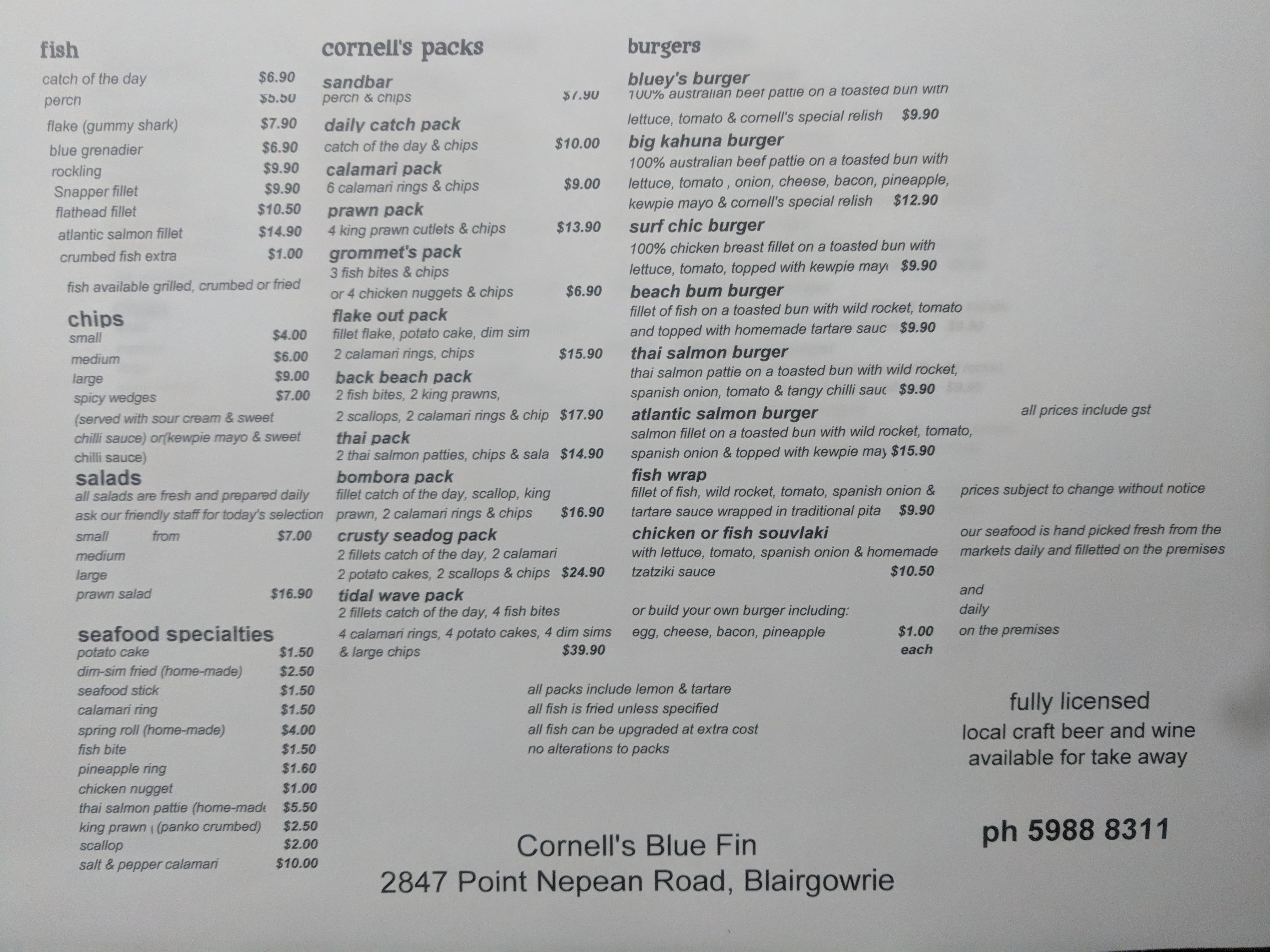 Menu at Blue Fin Blairgowrie restaurant, Blairgowrie