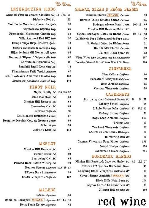 Menu at Cardero's Restaurant, Vancouver