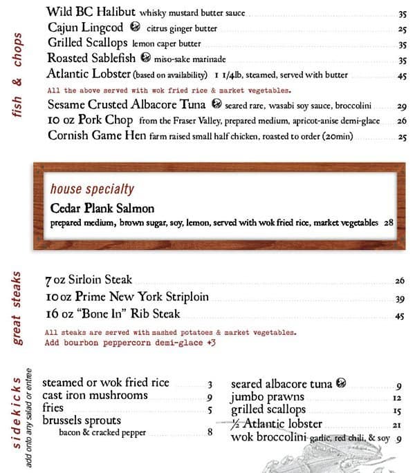 Menu at Cardero's Restaurant, Vancouver