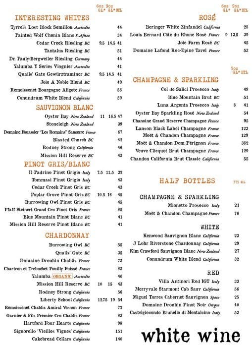 Menu at Cardero's Restaurant, Vancouver