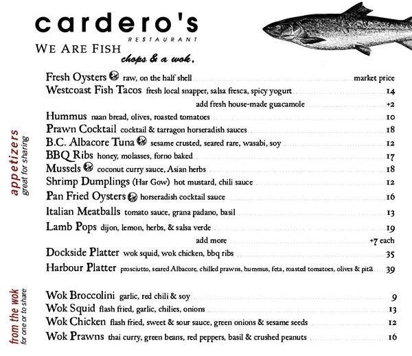 Menu at Cardero's Restaurant, Vancouver