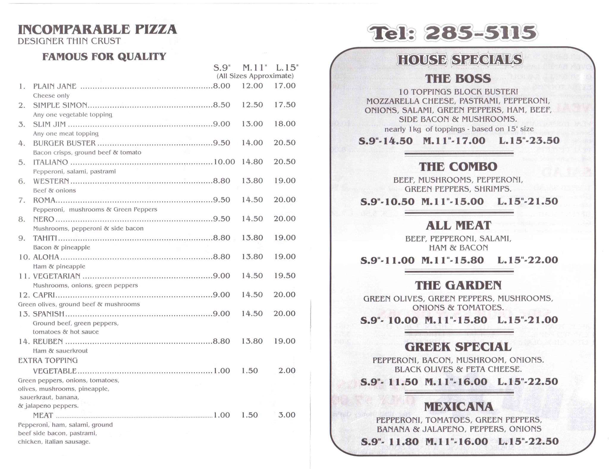 Menu at Gondola Incomparable Pizza pizzeria, Calgary, 26 Ave NE