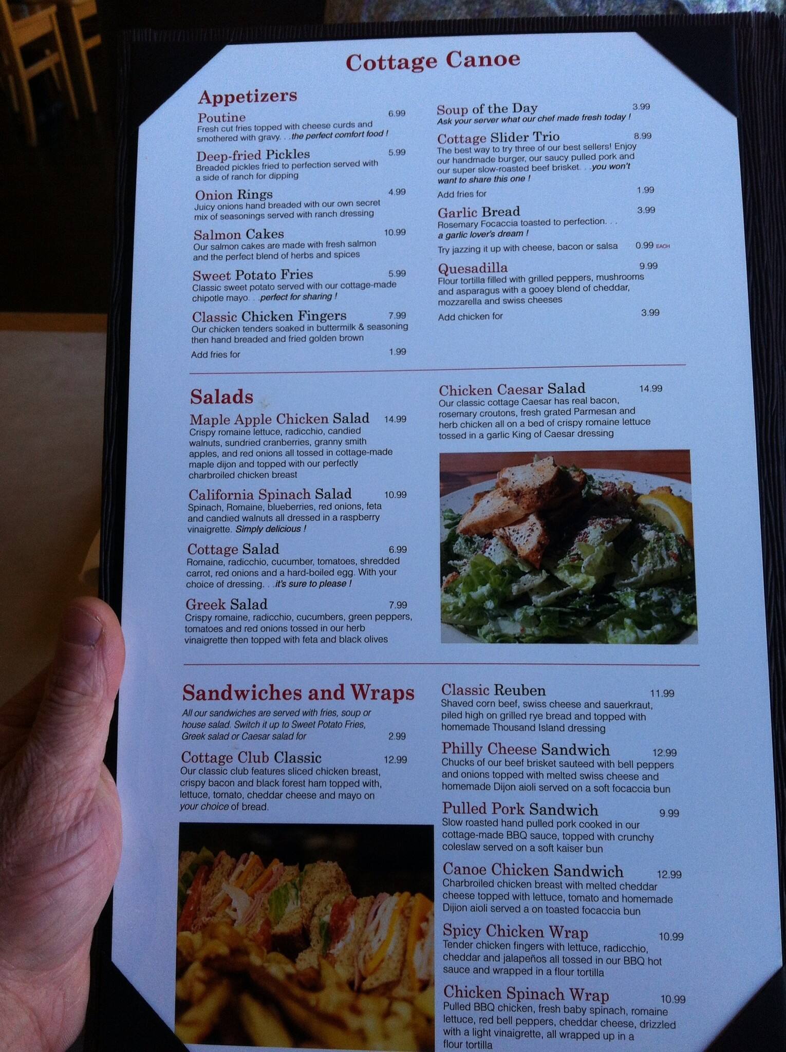 Menu at Cottage Canoe Restaurant, Barrie