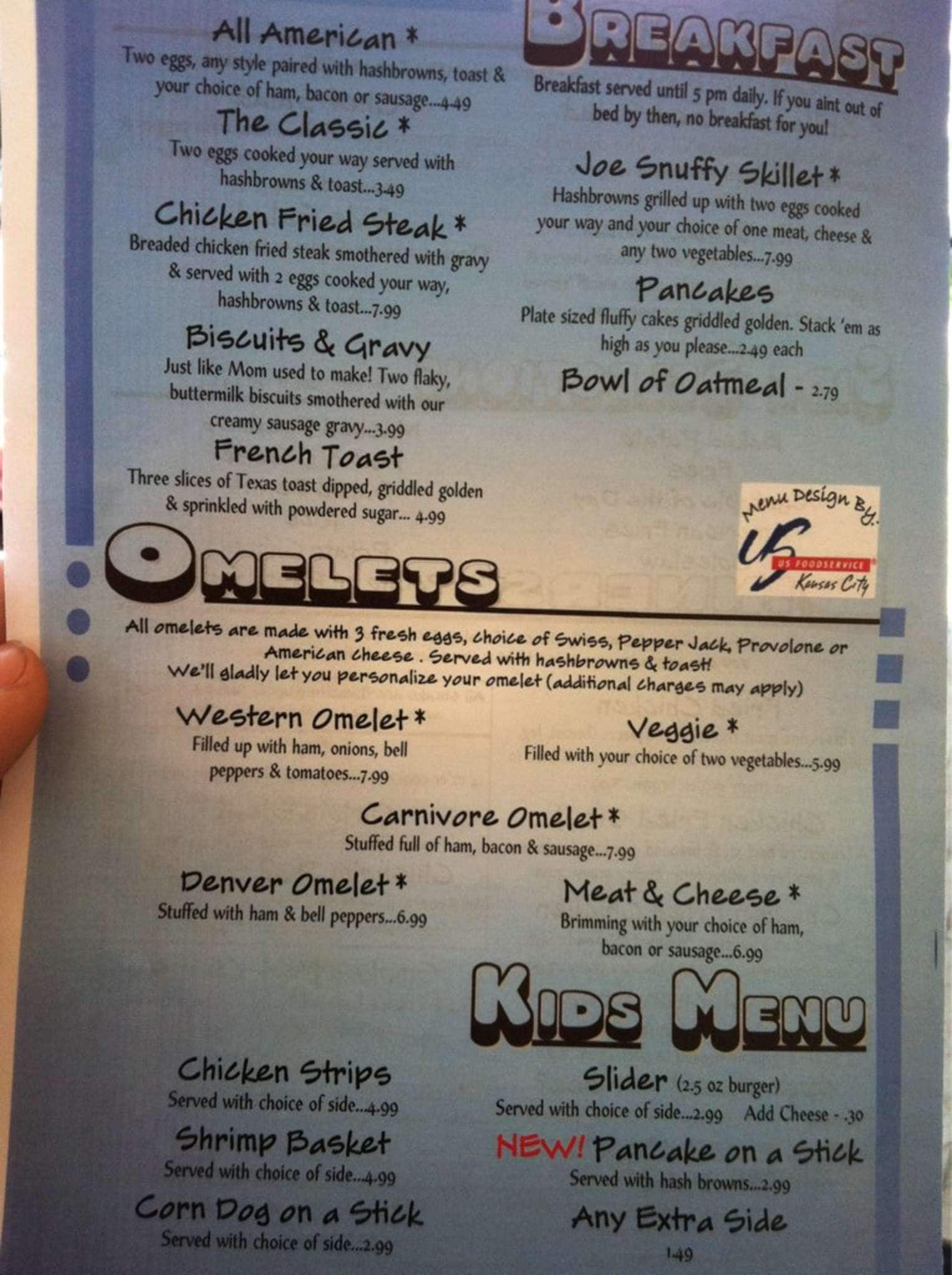 Menu at Joe Snuffy's restaurant, Abilene