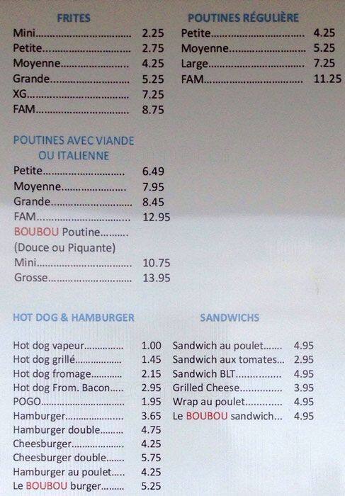 Menu at Bou Bou Patate, Gatineau