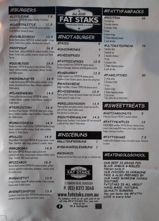 Menu at fat staks restaurant, Bundoora