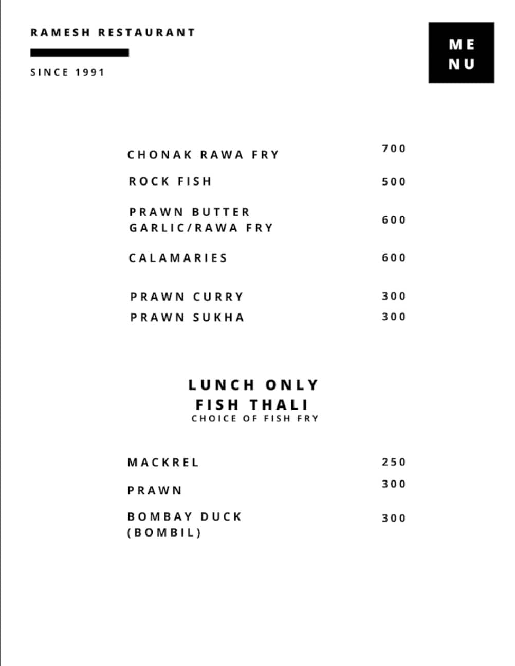 Menu of Ramesh Restaurant, Anjuna, Goa