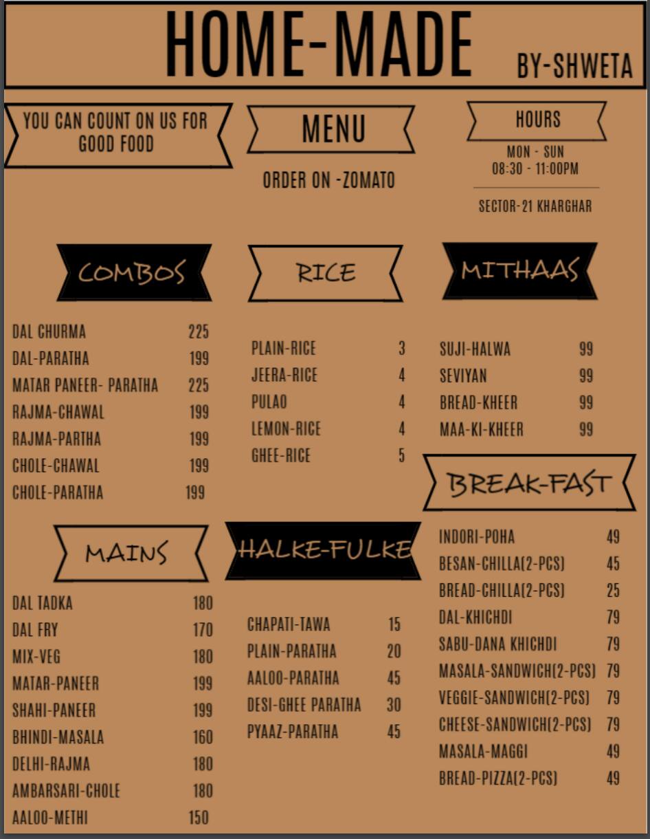 Menu of Home Made, Kharghar, Navi Mumbai