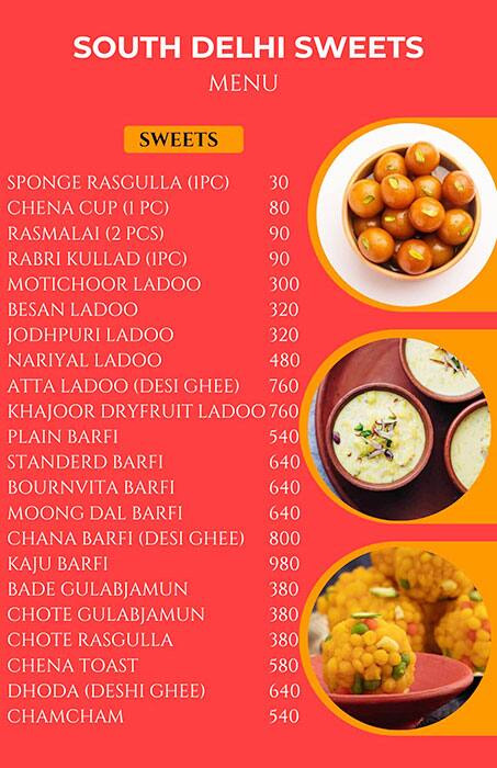 Menu of South Delhi Sweets, Khanpur, New Delhi