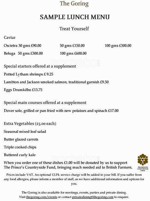 Menu at Afternoon Tea at The Goring restaurant, London