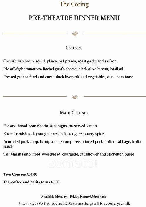 Menu at Afternoon Tea at The Goring restaurant, London