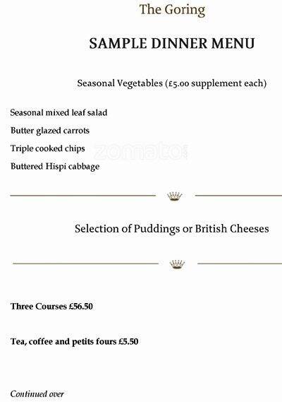 Menu at Afternoon Tea at The Goring restaurant, London