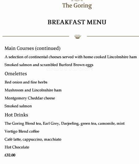 Menu at Afternoon Tea at The Goring restaurant, London