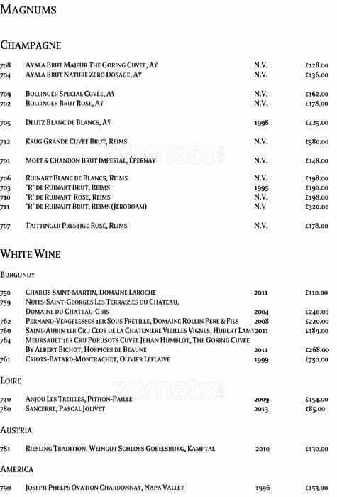 Menu at Dining Room at The Goring restaurant, London