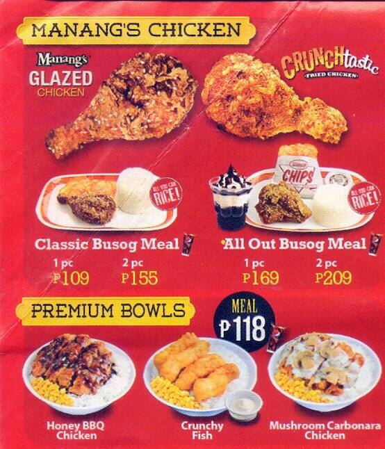 Menu at Manang's Chicken fast food, Quezon City, Loyola Heights