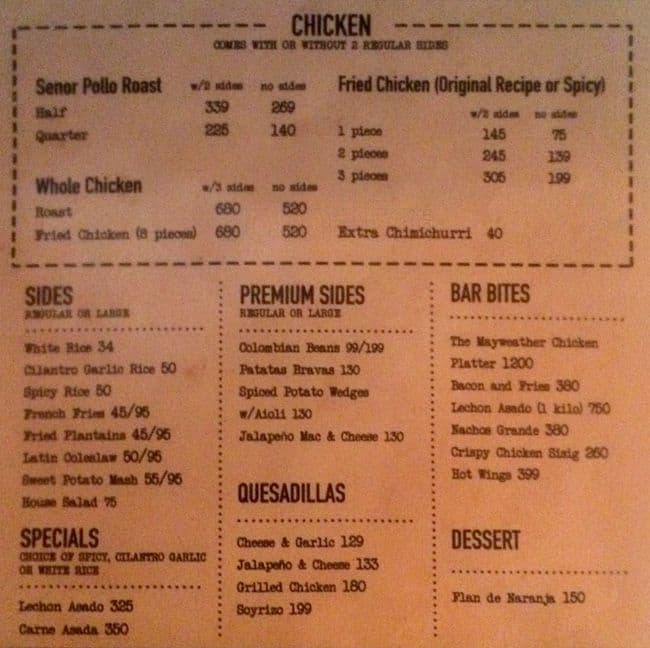 Menu at Señor Pollo restaurant, Makati, Ebro