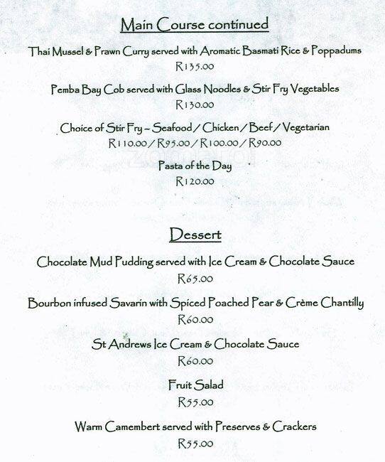 Menu at Trents - St Andrews, South Africa