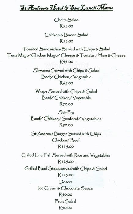 Menu at Trents - St Andrews, South Africa