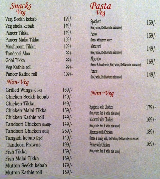 Menu at Patel Hotel, Indore, Asian Highway 47