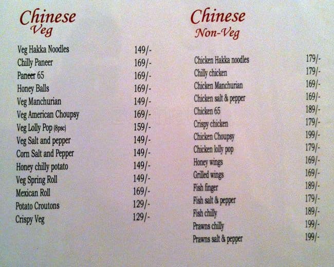 Menu at Patel Hotel, Indore, Asian Highway 47