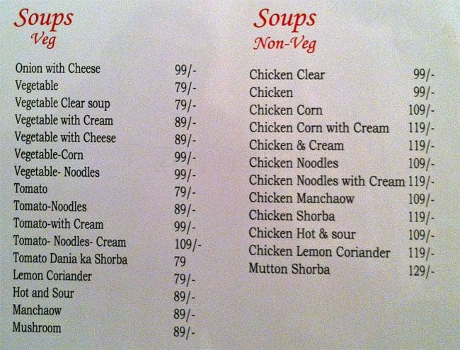 Menu at Patel Hotel, Indore, Asian Highway 47