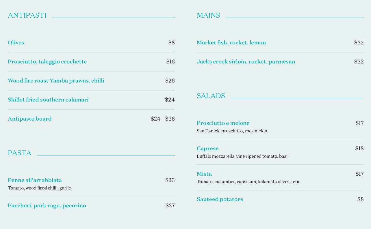 Menu at Pool Club, Sydney, 320 George St