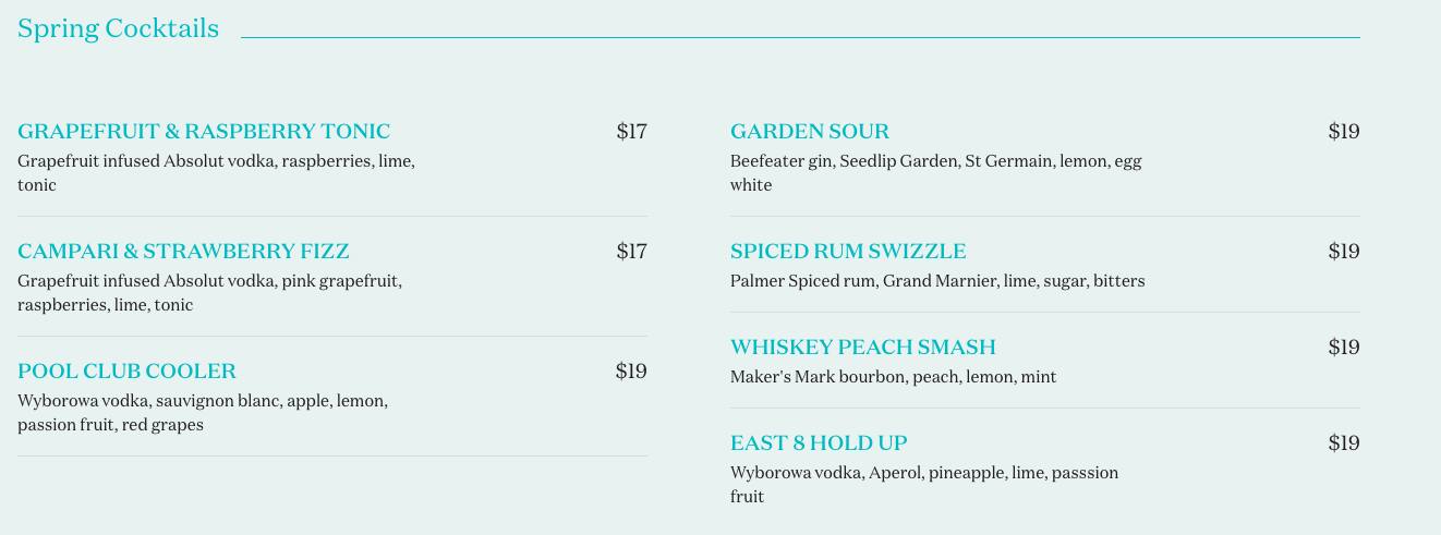 Menu at Pool Club, Sydney, 320 George St