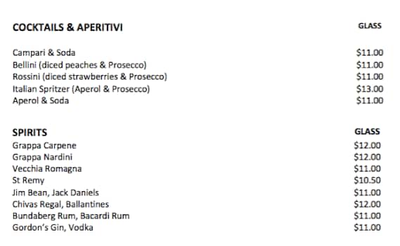 Menu at Assaggi Italiani restaurant, Malvern