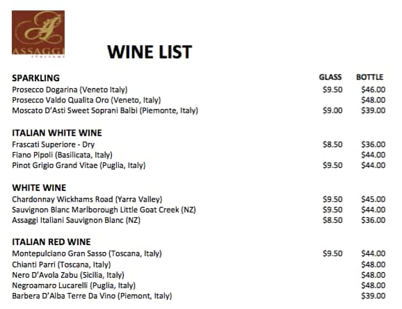 Menu at Assaggi Italiani restaurant, Malvern