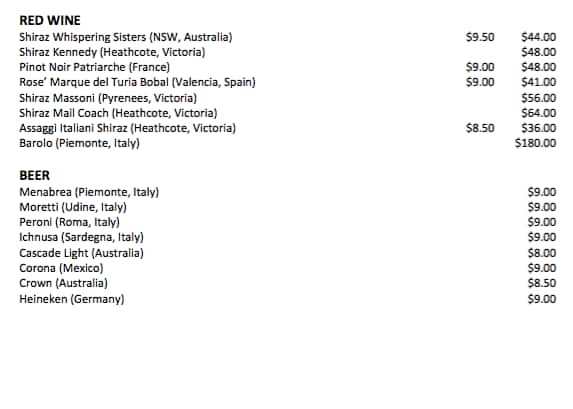 Menu at Assaggi Italiani restaurant, Malvern