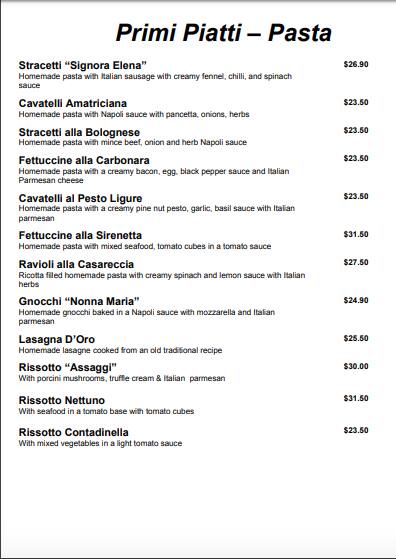Menu at Assaggi Italiani restaurant, Malvern
