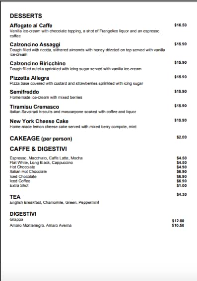 Menu at Assaggi Italiani restaurant, Malvern