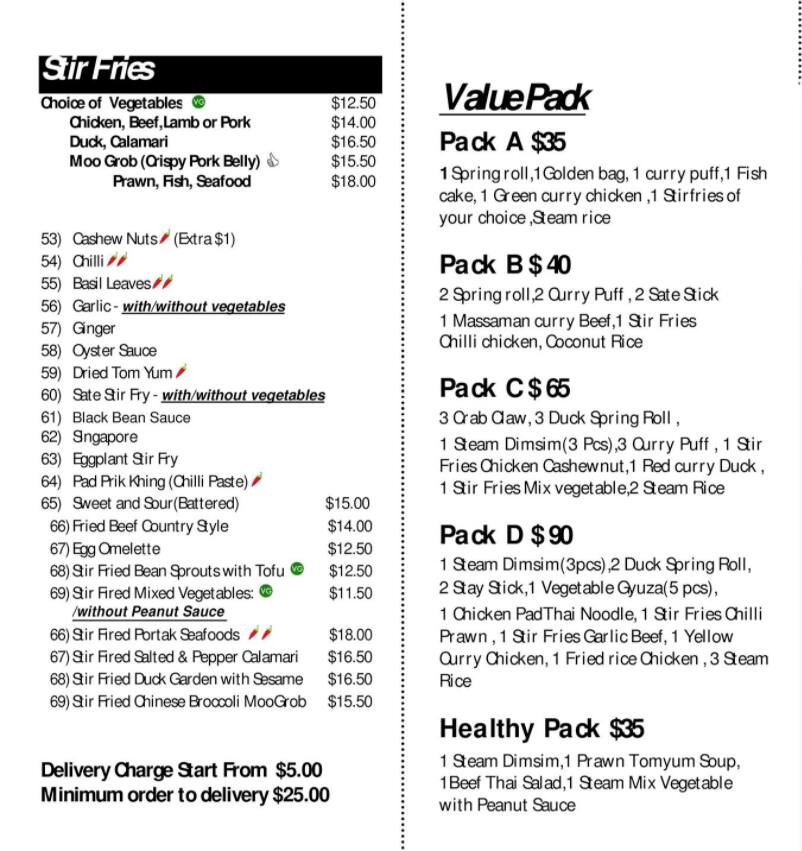 Menu at Thai legend restaurant, Bulimba