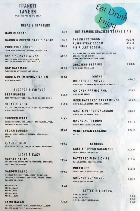 Menu at Transit Tavern pub & bar, Brisbane Airport, Shop M2. 1-7 The ...