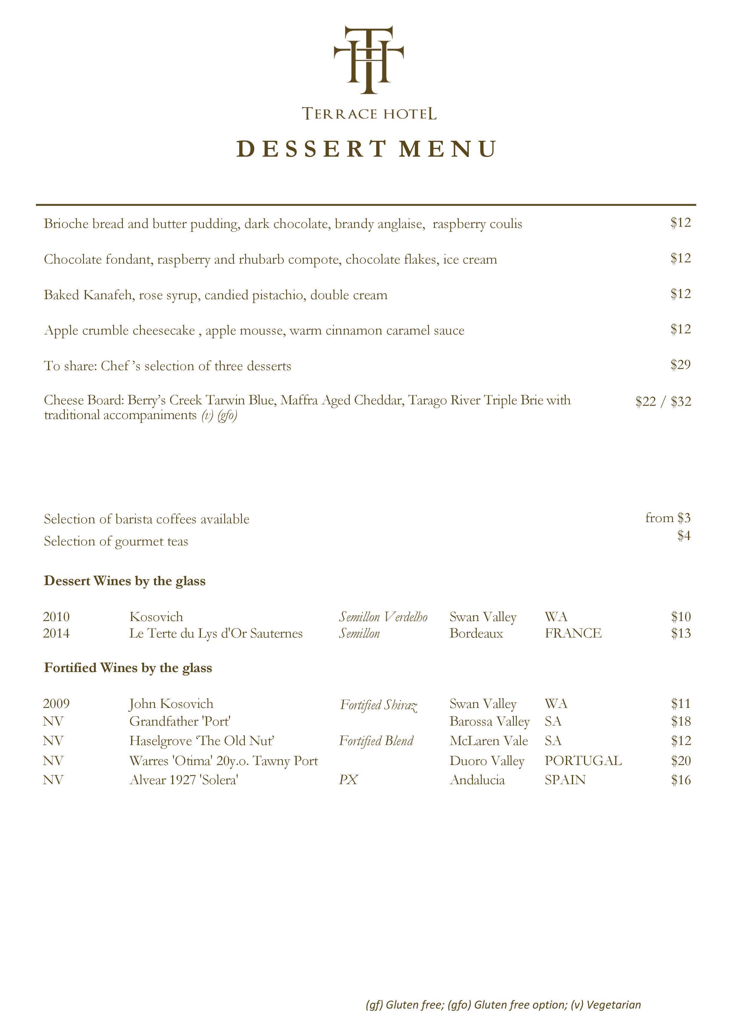 Menu at The Terrace Hotel pub & bar, Perth