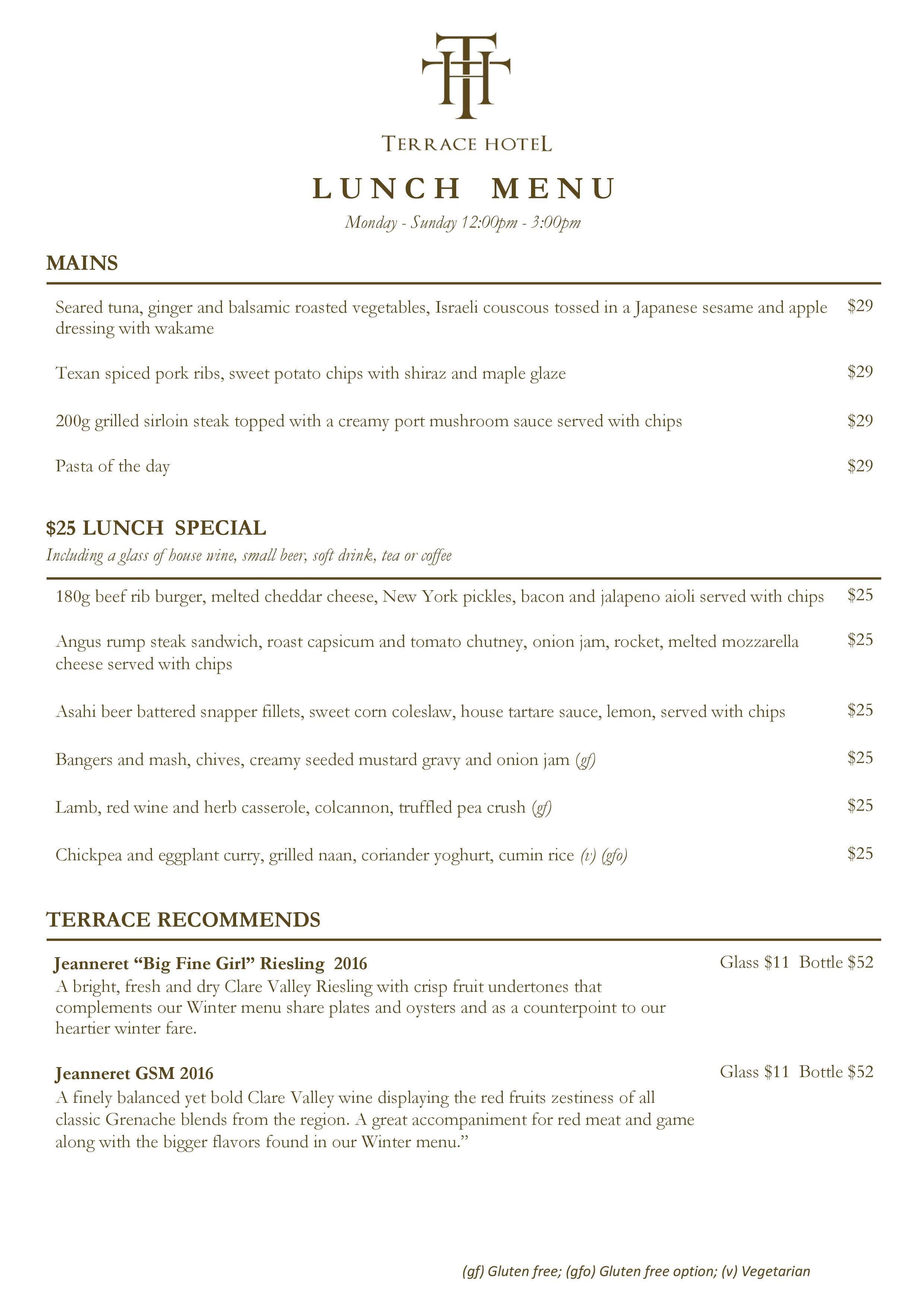 Menu at The Terrace Hotel pub & bar, Perth