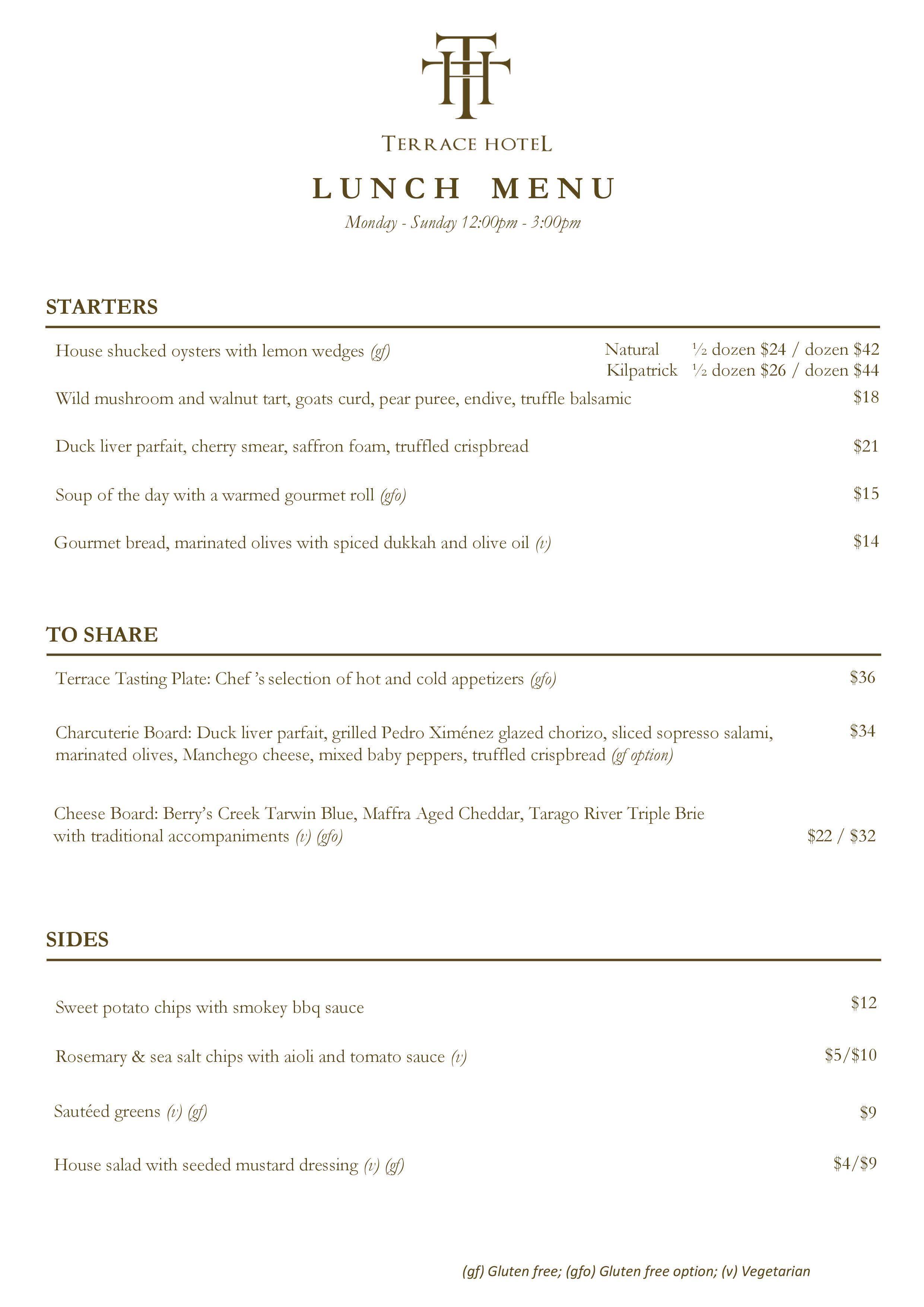 Menu at The Terrace Hotel pub & bar, Perth