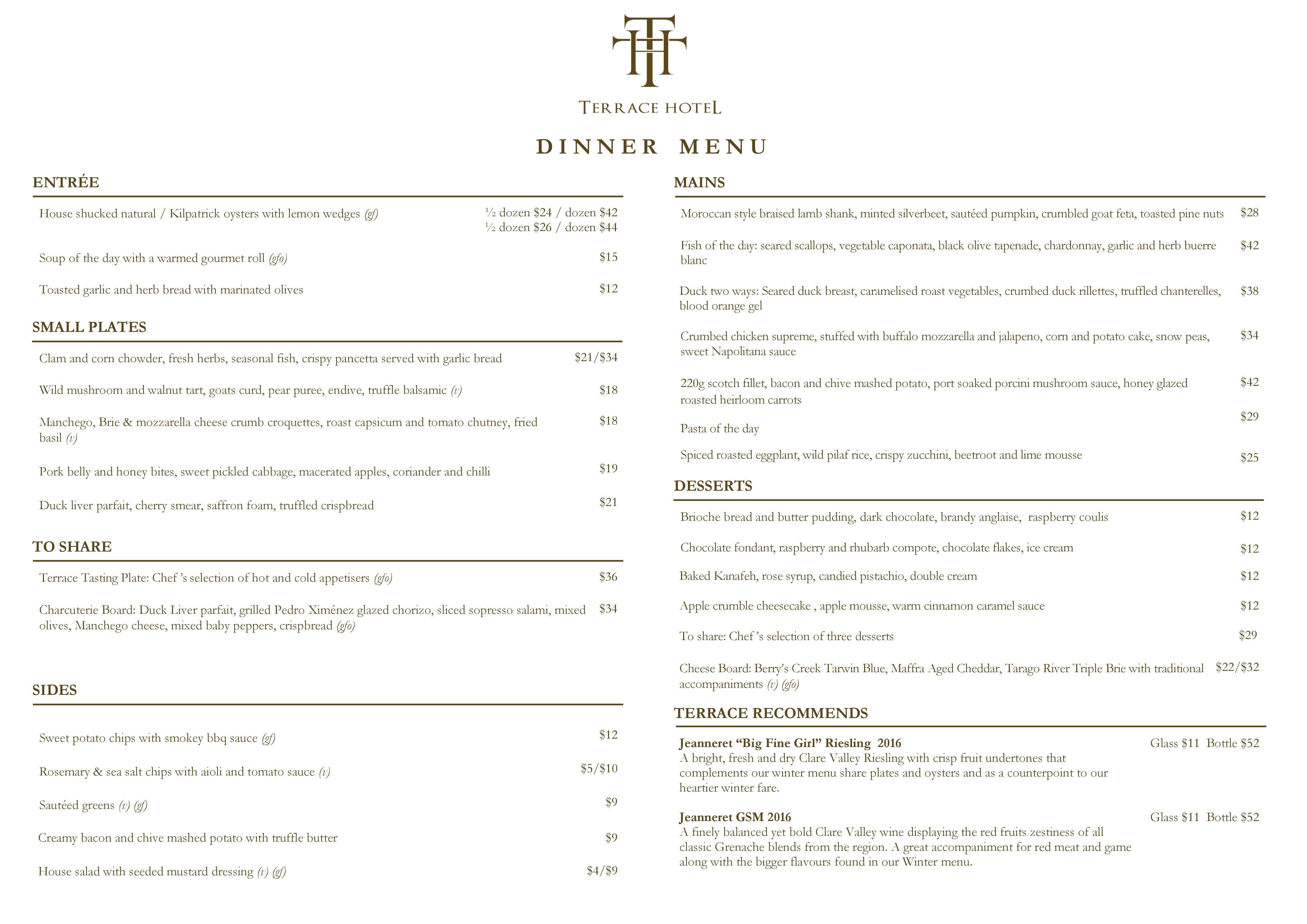 Menu at The Terrace Hotel pub & bar, Perth