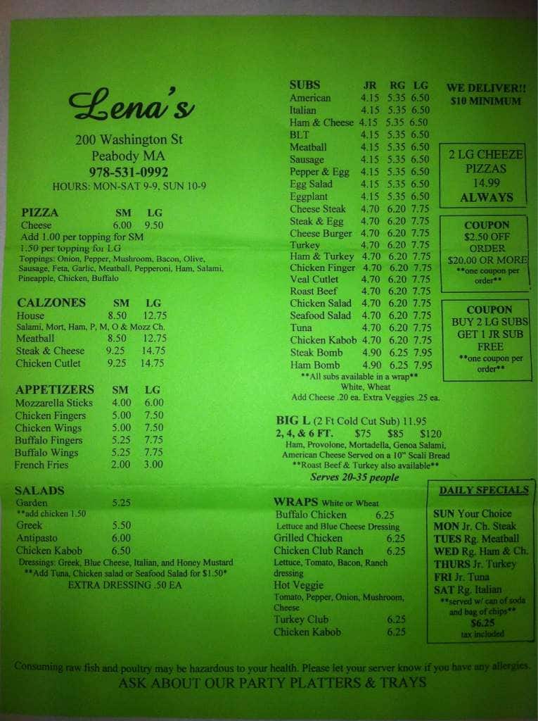 Menu at Lena's Pizza & Subs pizzeria, Peabody