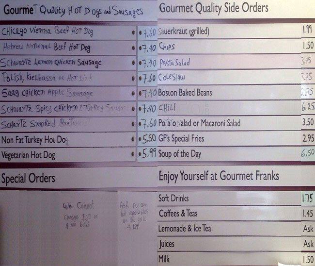 Menu at Gourmet Franks restaurant, Palo Alto