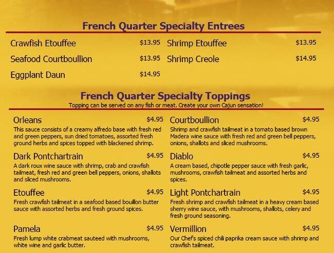 Menu at French Quarter restaurant, Houston, Hwy 6
