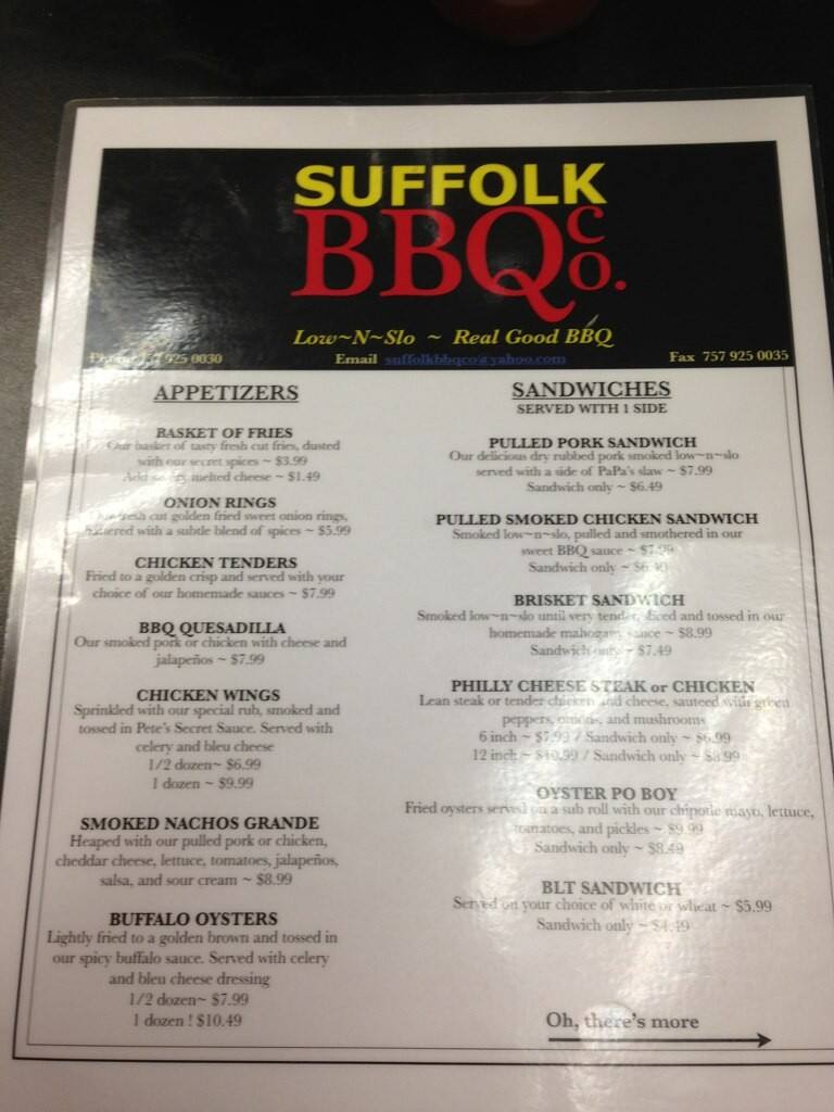 Menu at Suffolk BBQ Co., Suffolk, N Main St