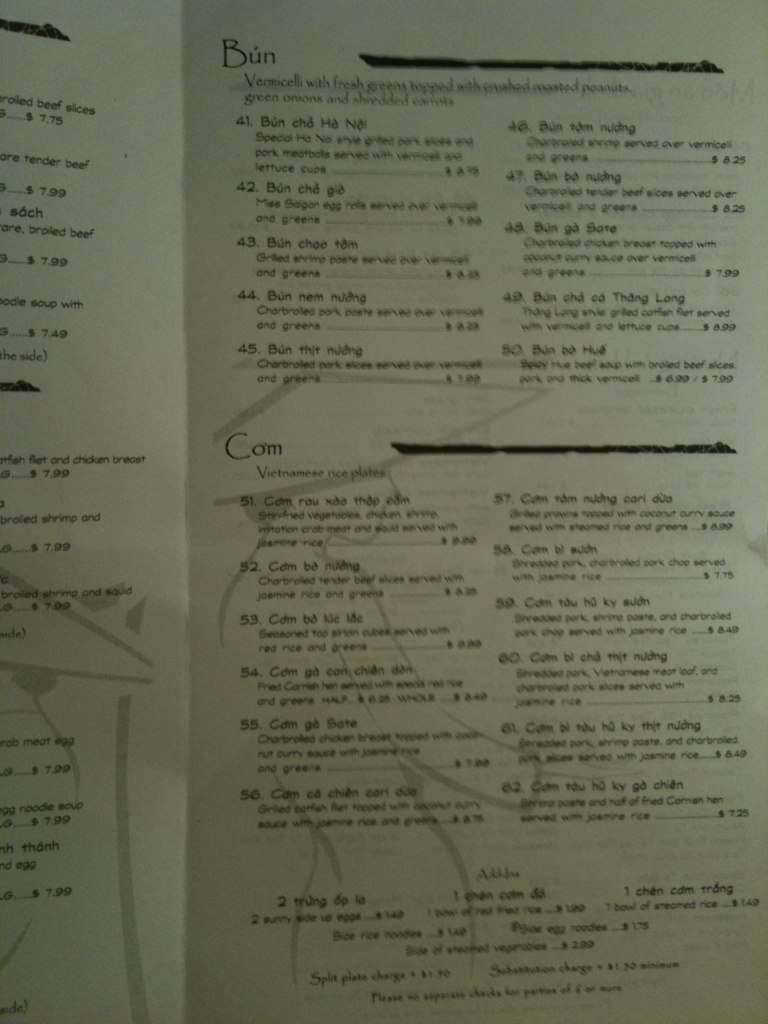 Menu at Miss Saigon restaurant, Tucson, N Campbell Ave