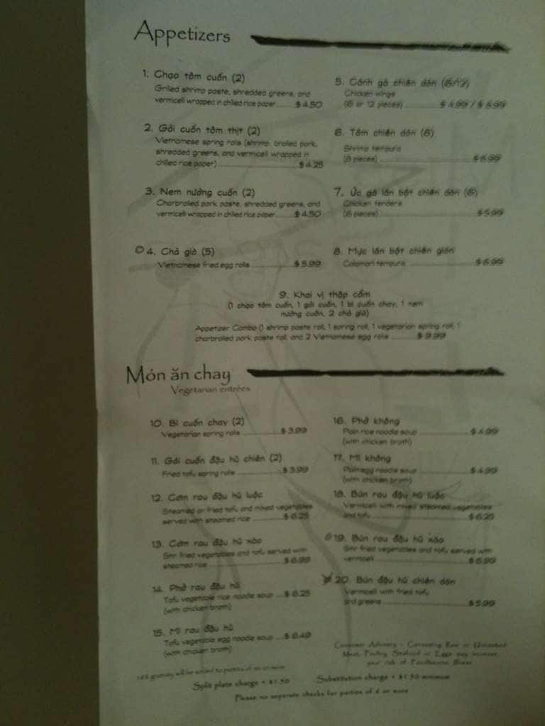 Menu at Miss Saigon restaurant, Tucson, N Campbell Ave