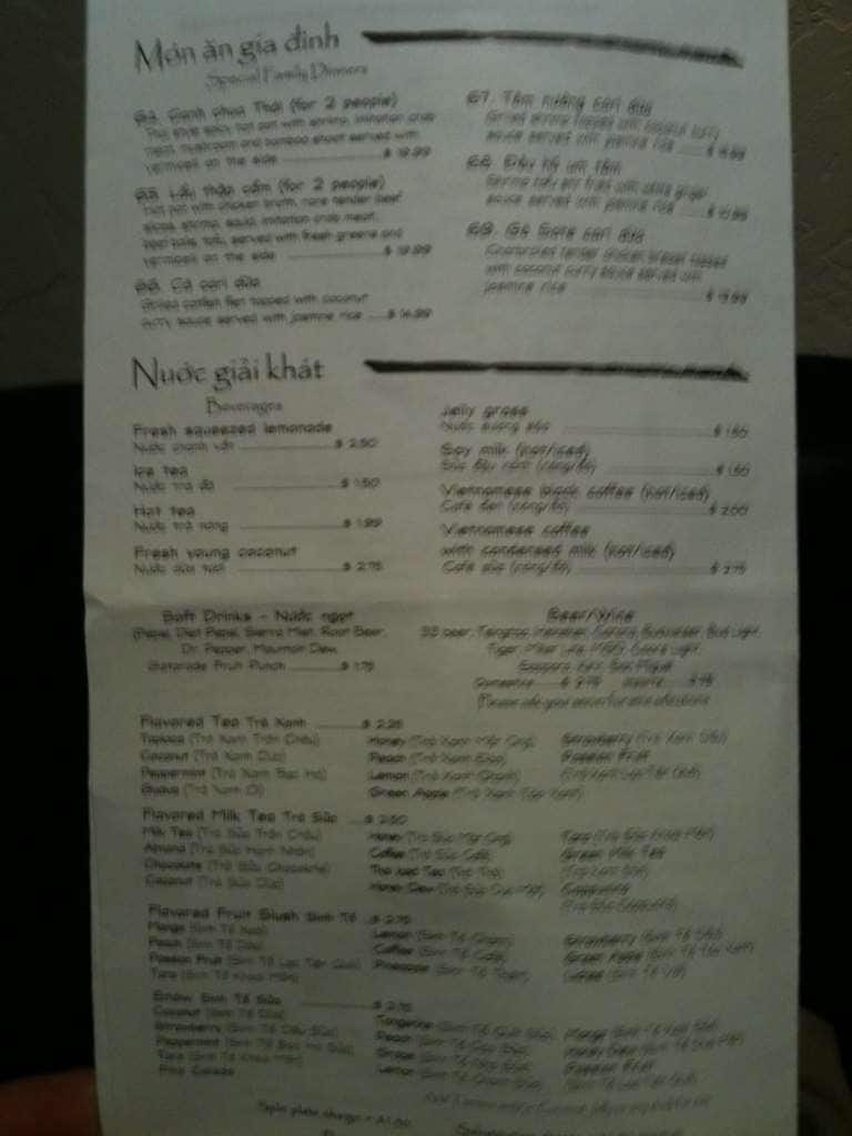 Menu at Miss Saigon restaurant, Tucson, N Campbell Ave