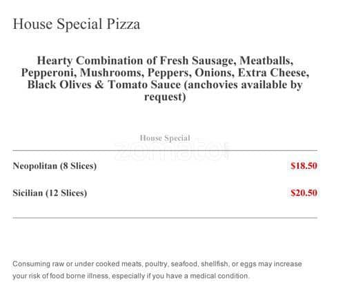 Menu at Basilico's pizzeria, Dickson City