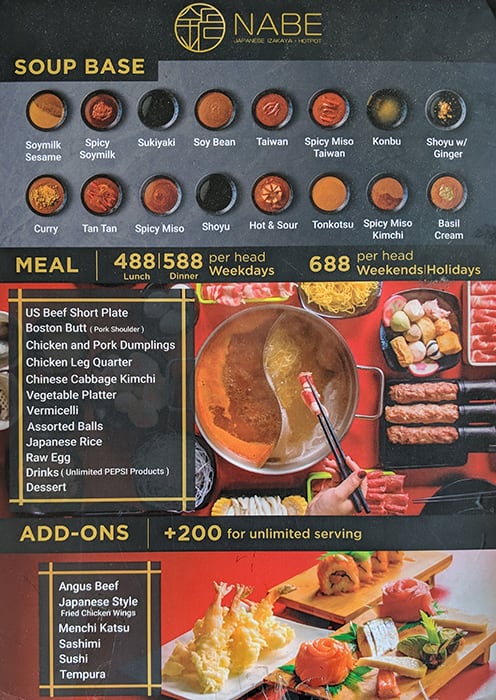 Menu at Shabu Shabu Ichiban restaurant, Makati, Hippodromo Circuit